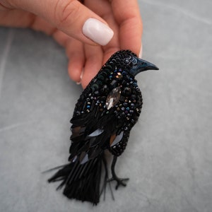 Fine Jewelry Beaded Brooch Pin, Raven Brooch, Black Bird Jewelry ...
