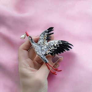 Beaded Stork Brooch Embroidered White Bird Pin Stork Jewelry Handmade ...