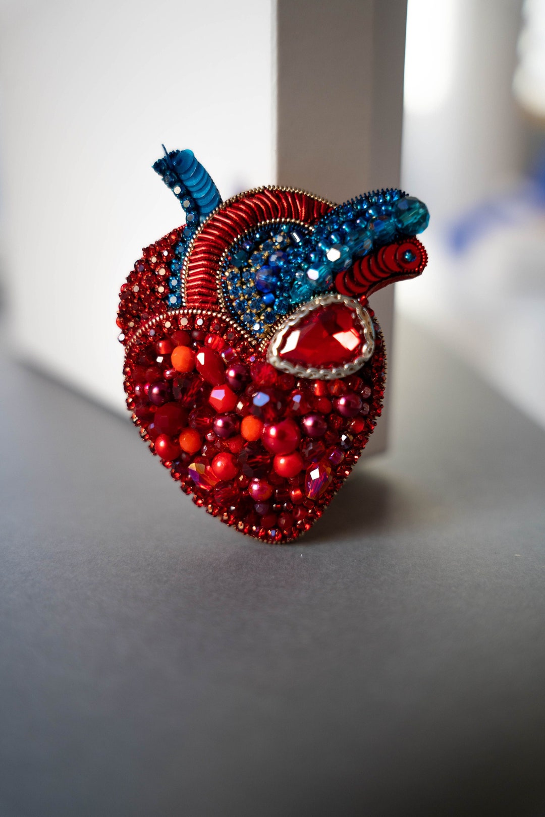 Beaded Anatomical Heart Pin, Red Crystal Heart Brooch With Rhinestones ...