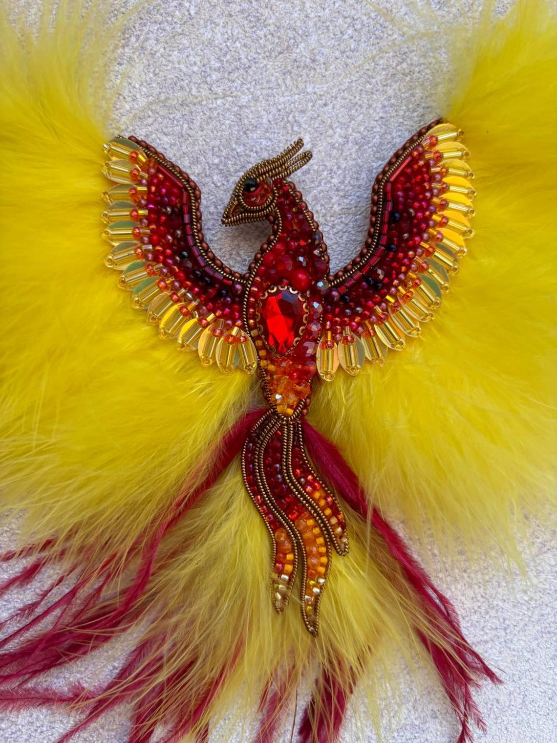 Majestic Phoenix Brooch - Handcrafted Beaded Bird Pin With Yellow ...