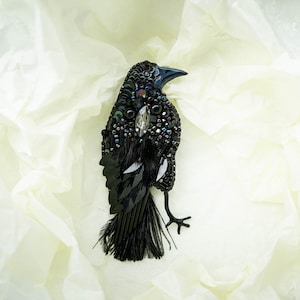 Fine Jewelry Beaded Brooch Pin, Raven Brooch, Black Bird Jewelry ...