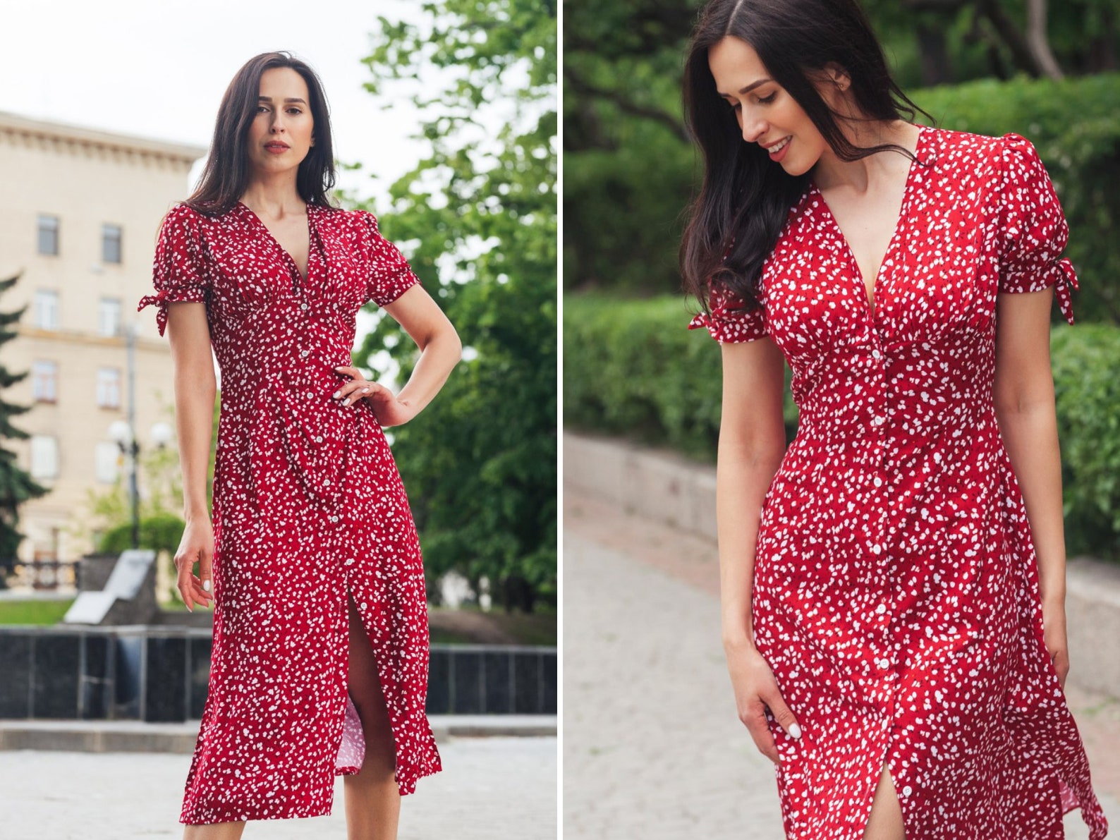 Button Front Midi Dress for Woman Red Cotton Summer Dress - Etsy