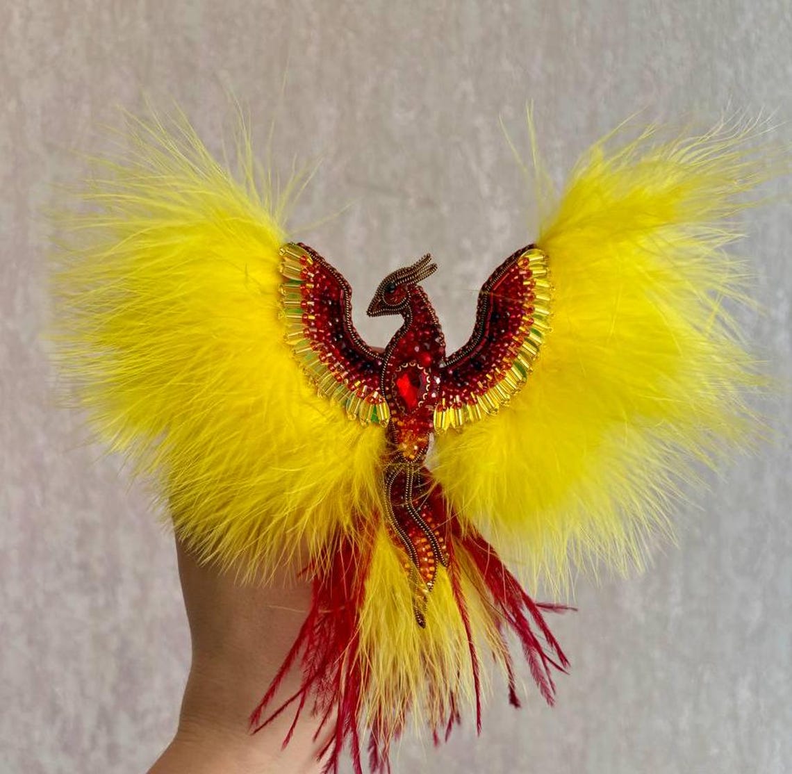 Majestic Phoenix Brooch - Handcrafted Beaded Bird Pin With Yellow ...