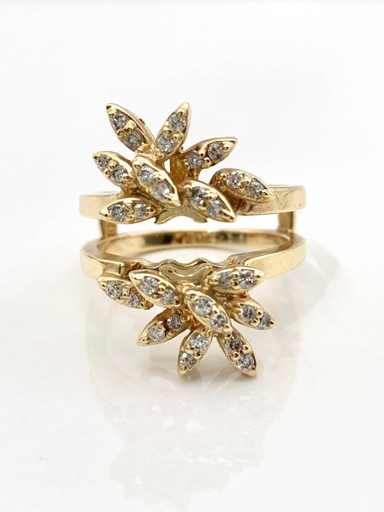 14k Diamond Wedding Ring Guard, Yellow Gold Ring Enhancer, Diamond Leaf ...