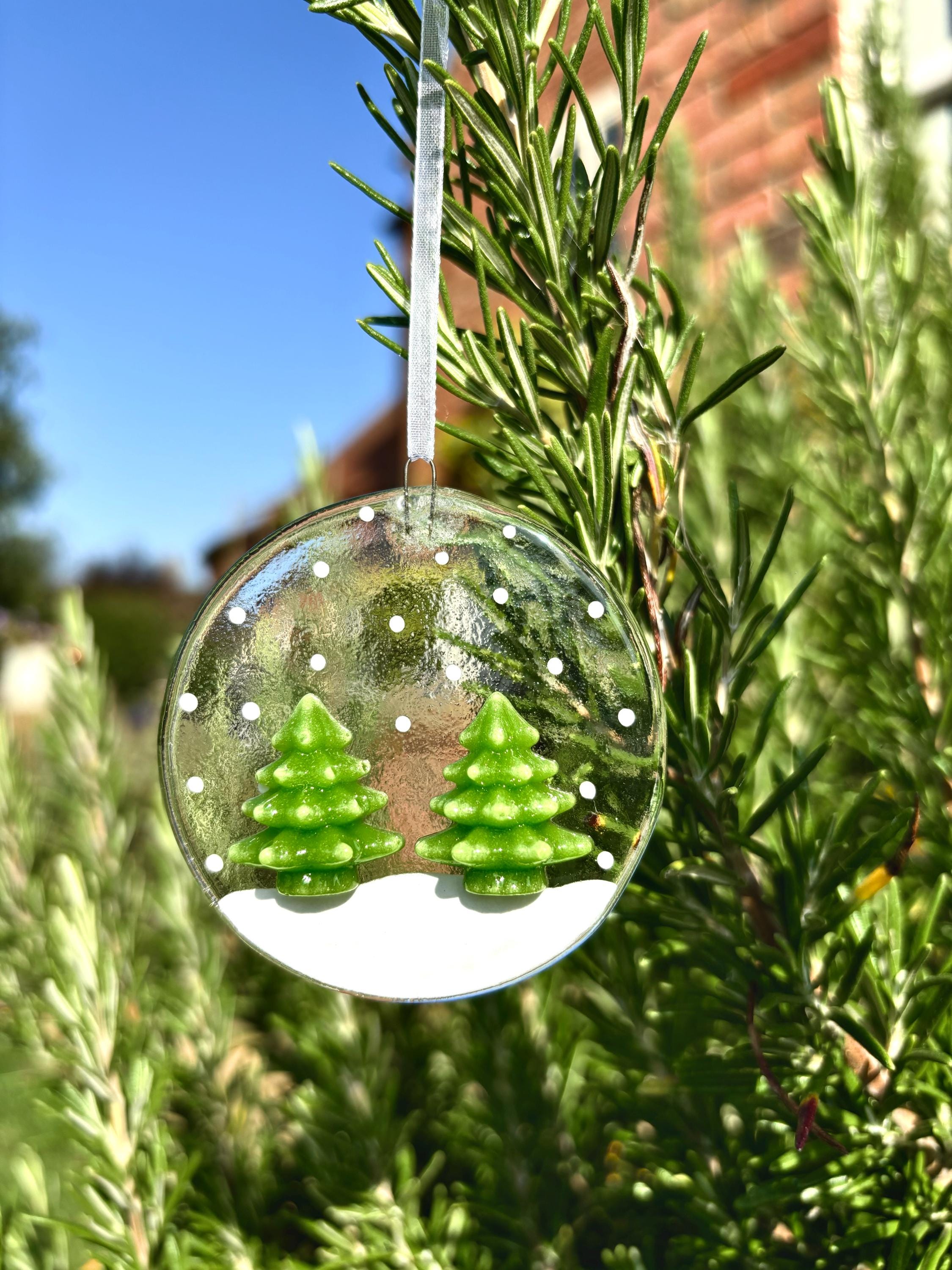 Fused Glass Christmas Tree Bauble Decoration, Two Trees With Snow ...