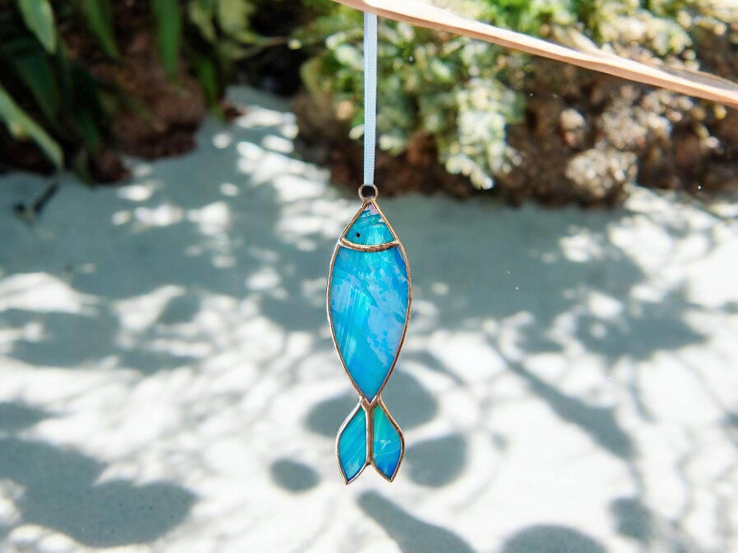 Stained Glass Blue Fish Suncatcher, Hanging Bathroom Decoration - Etsy