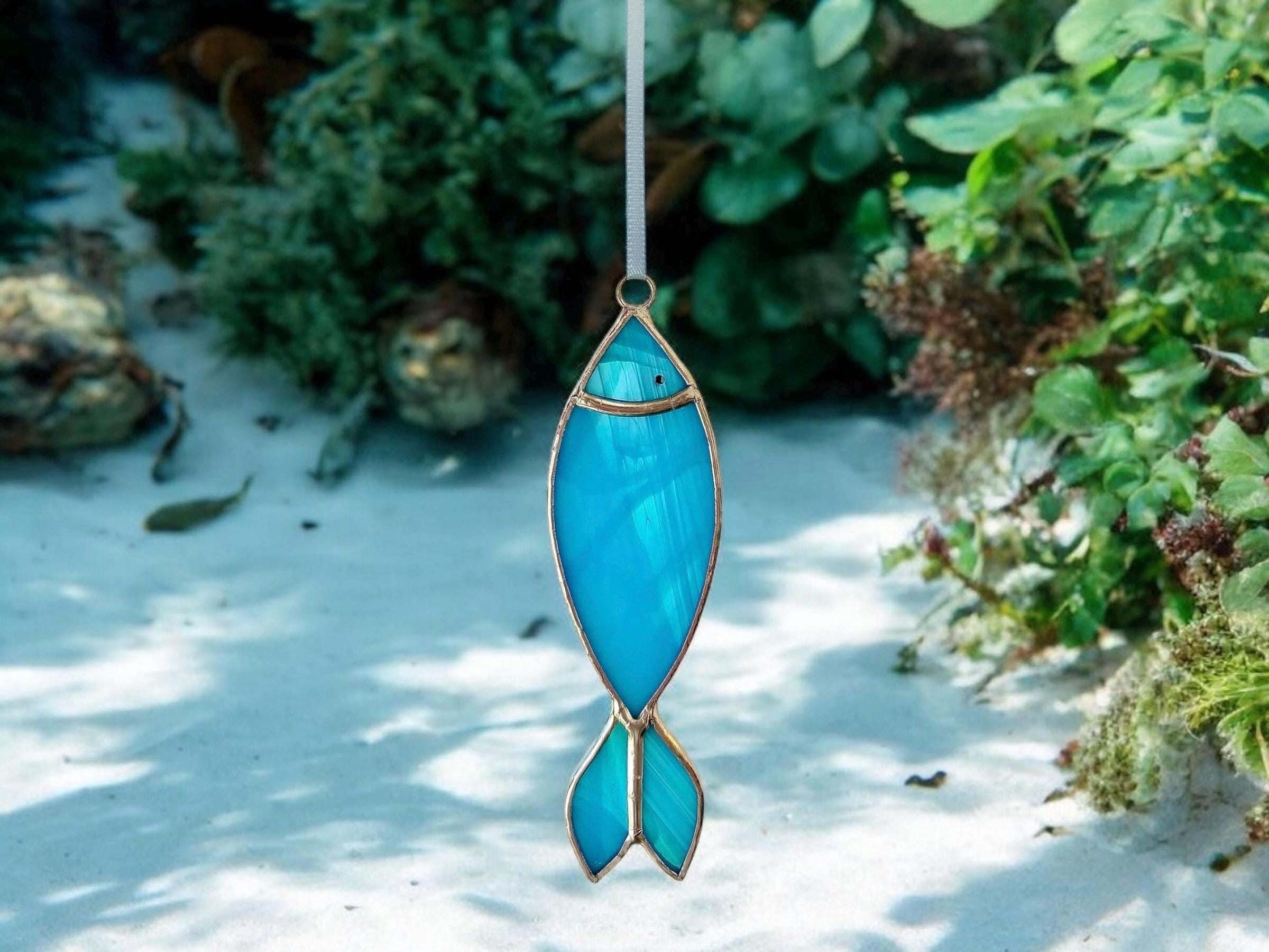 Stained Glass Blue Fish Suncatcher, Hanging Bathroom Decoration - Etsy