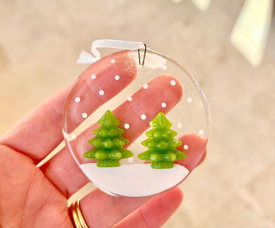 Fused Glass Christmas Tree Bauble Decoration, Two Trees With Snow ...