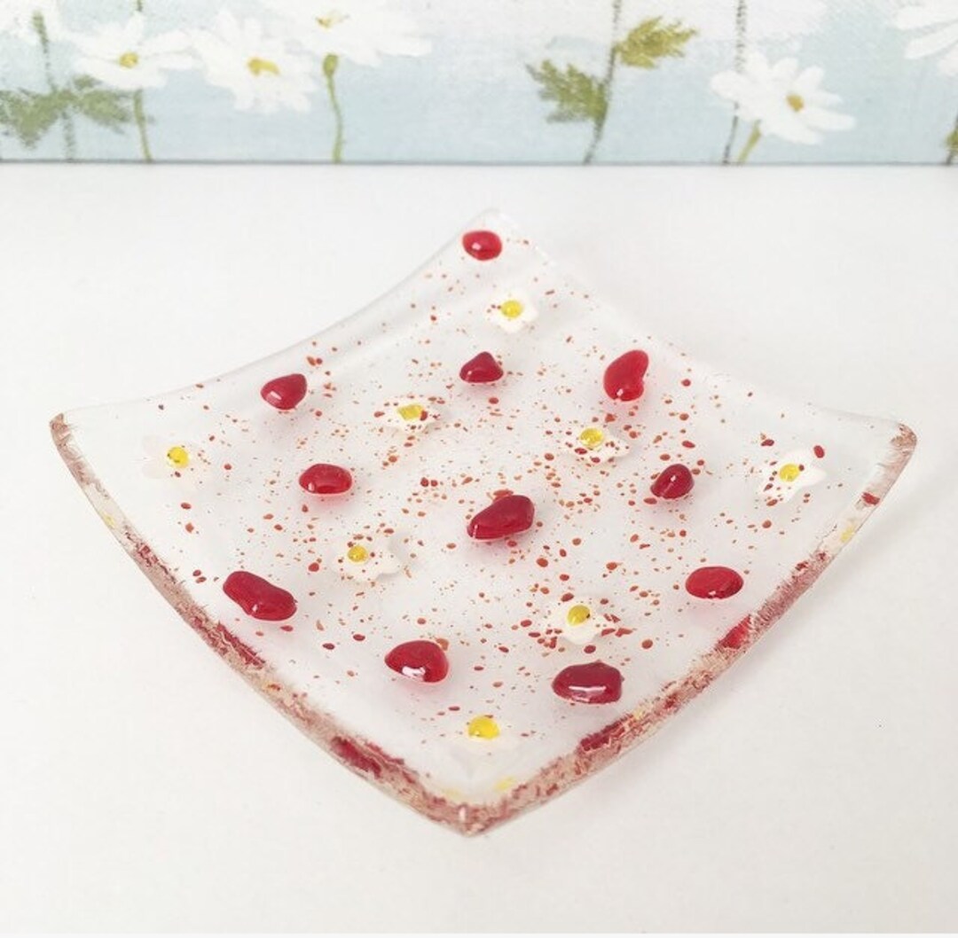 Glass Ring Dish, Red Glass With Hand Painted Daisies, Fused Glass Art ...