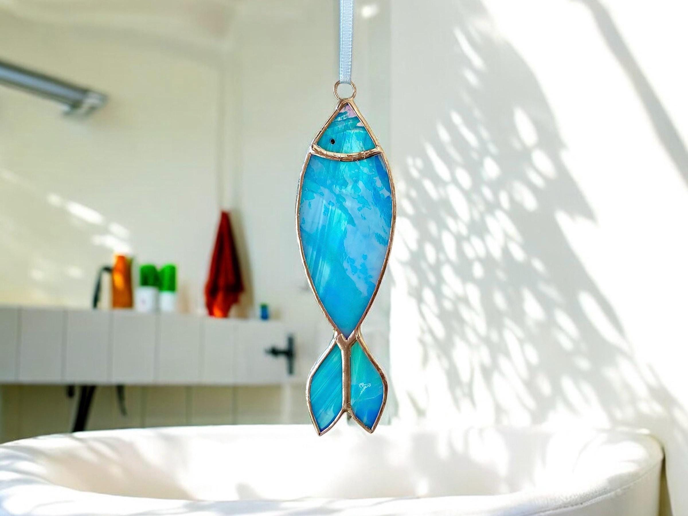 Stained Glass Blue Fish Suncatcher, Hanging Bathroom Decoration - Etsy