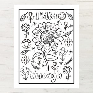 Empowering I Am Enough Adult Coloring Page: Mandala Floral Doodle for ...