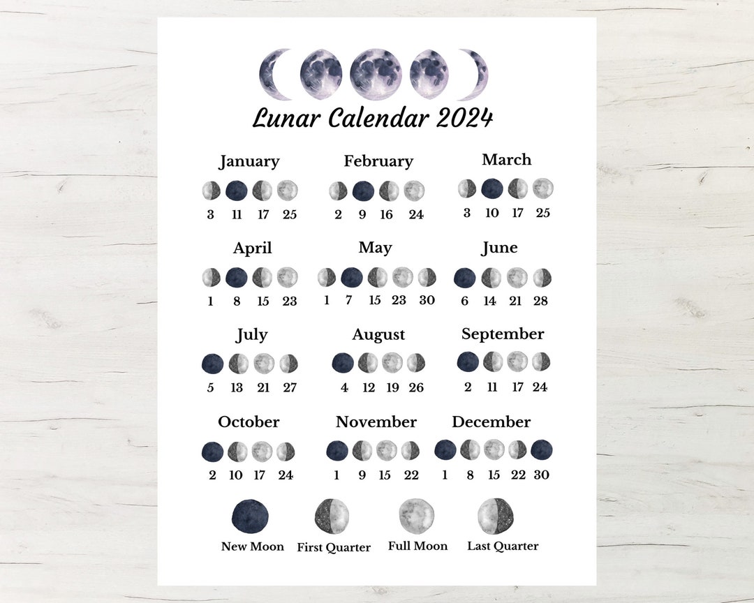 Lunar Phase Printable Calendar, Full Moon Lunar Print Calendar, Moon ...