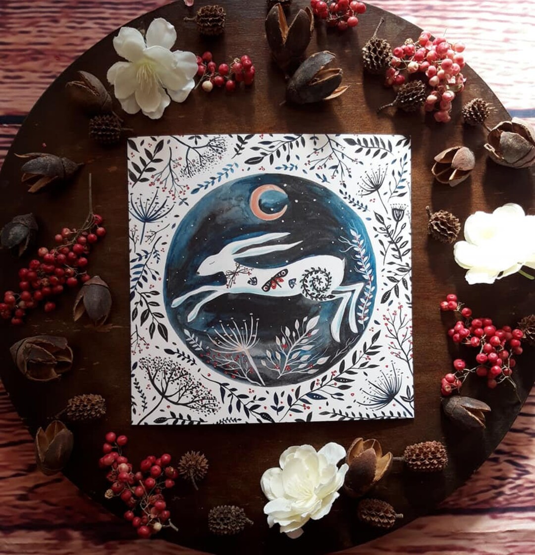 Yule Card, Winter Hare Card, White Hare Card, Pagan Art Card, Winter ...