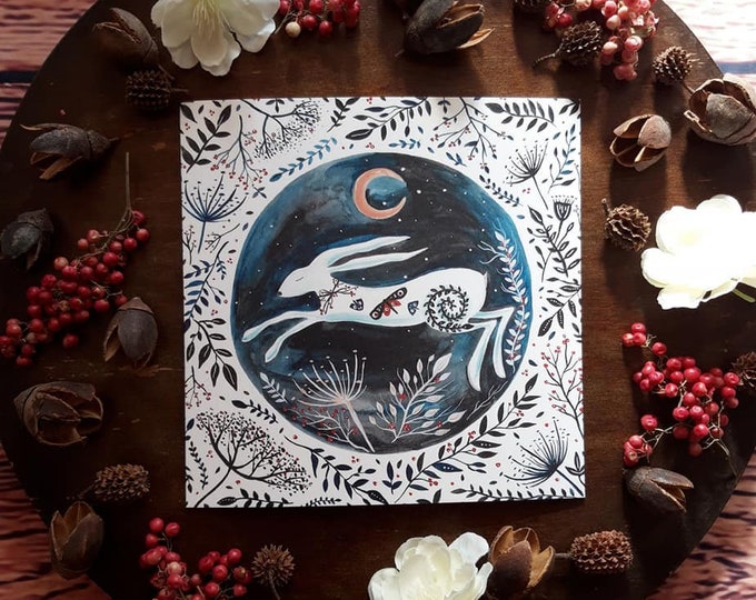 Yule Card, Winter Hare Card, White Hare Card, Pagan Art Card, Winter Greeting Card, Yule Gift ...