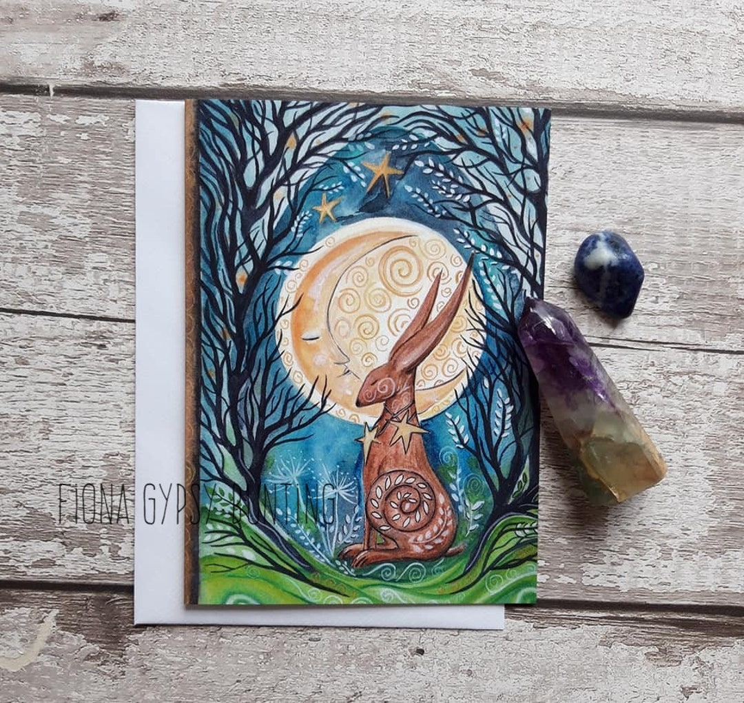 Moon Gazing Hare Card, Pagan Art Card, Pagan Gift Card, Hare Card, Tree Art Card, Nature Gift ...