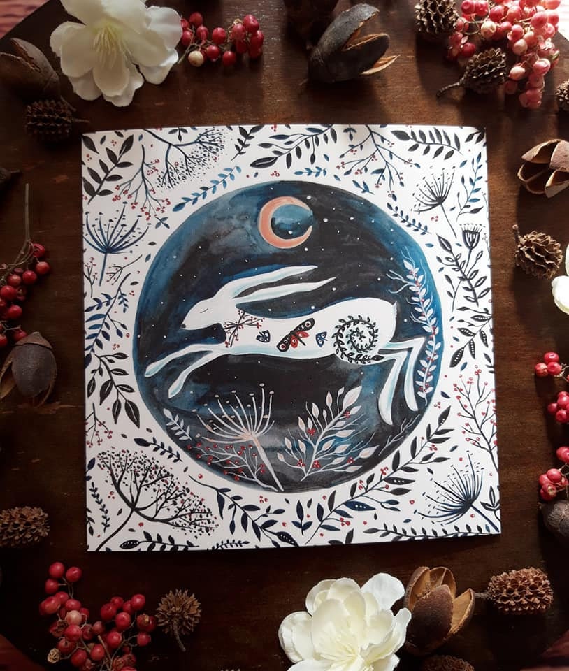 Yule Card Winter Hare Card White Hare Card Pagan Art Card - Etsy