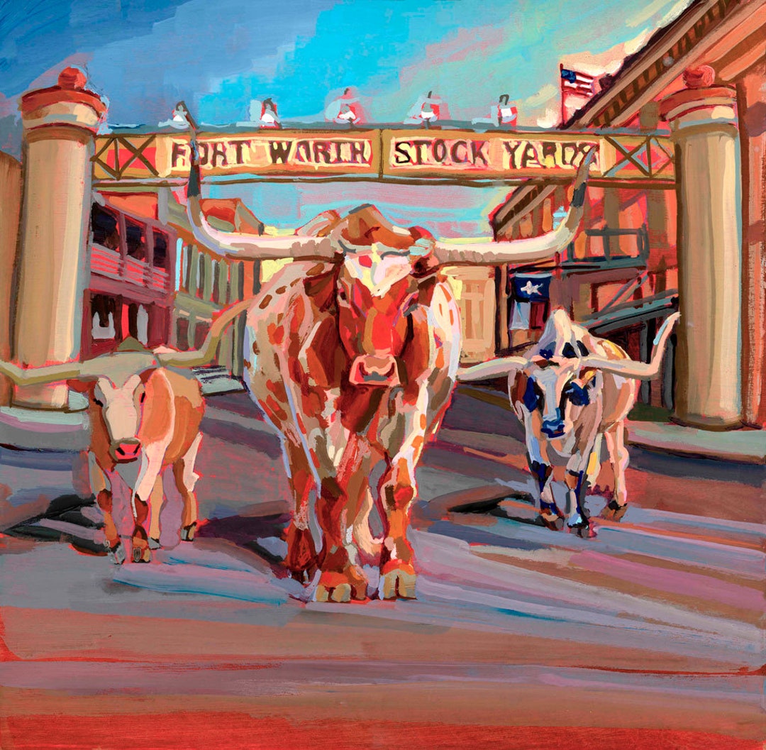 Texas Longhorns Art, Fort Worth Stockyard Print of Texas Longhorns ...