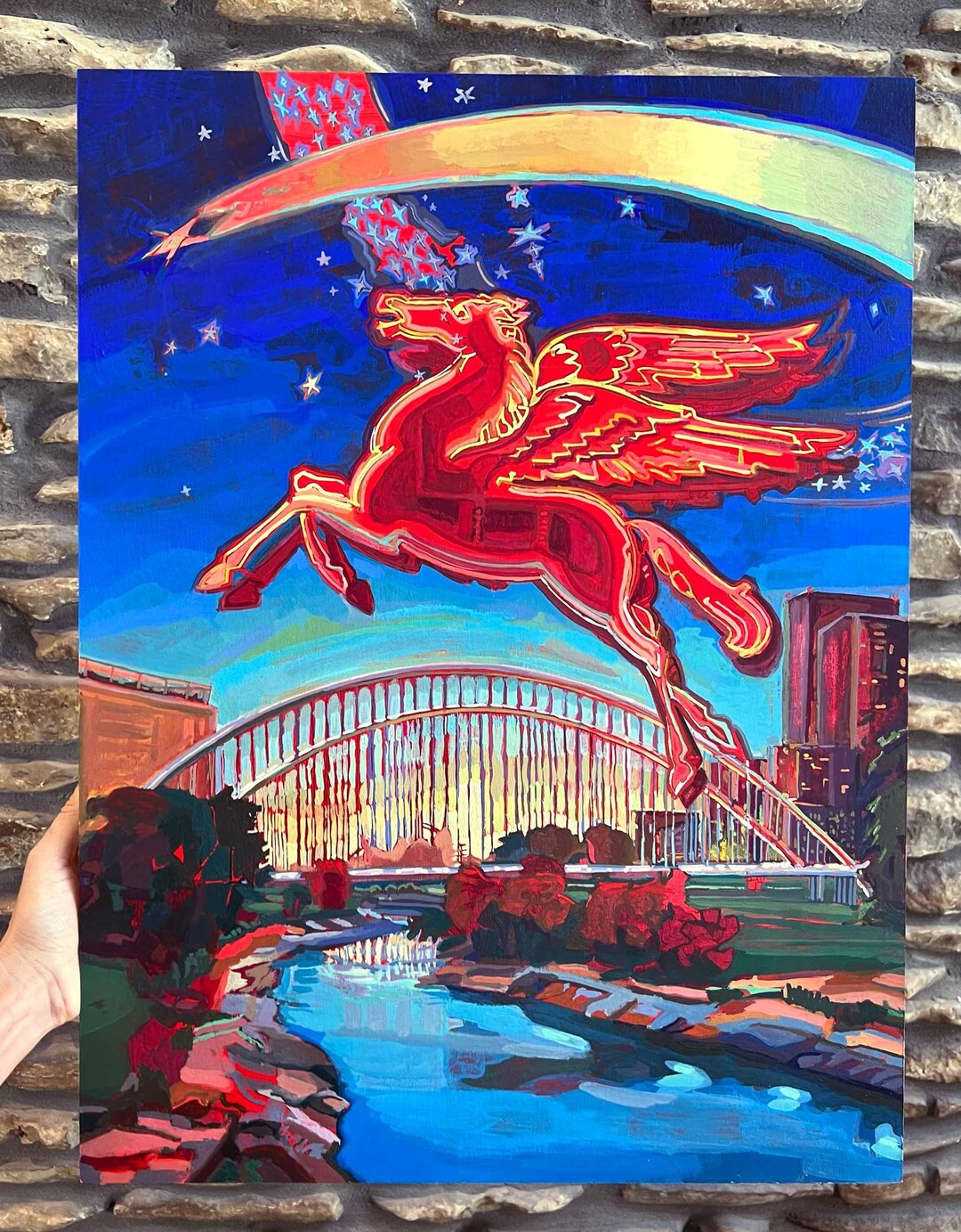 Dallas Skyline With Pegasus, Original Gouache Painting of Dallas ...