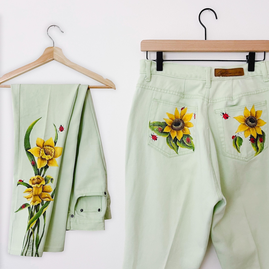 Vintage Hand-painted Floral High Waisted Jeans | Eclectic Style ...