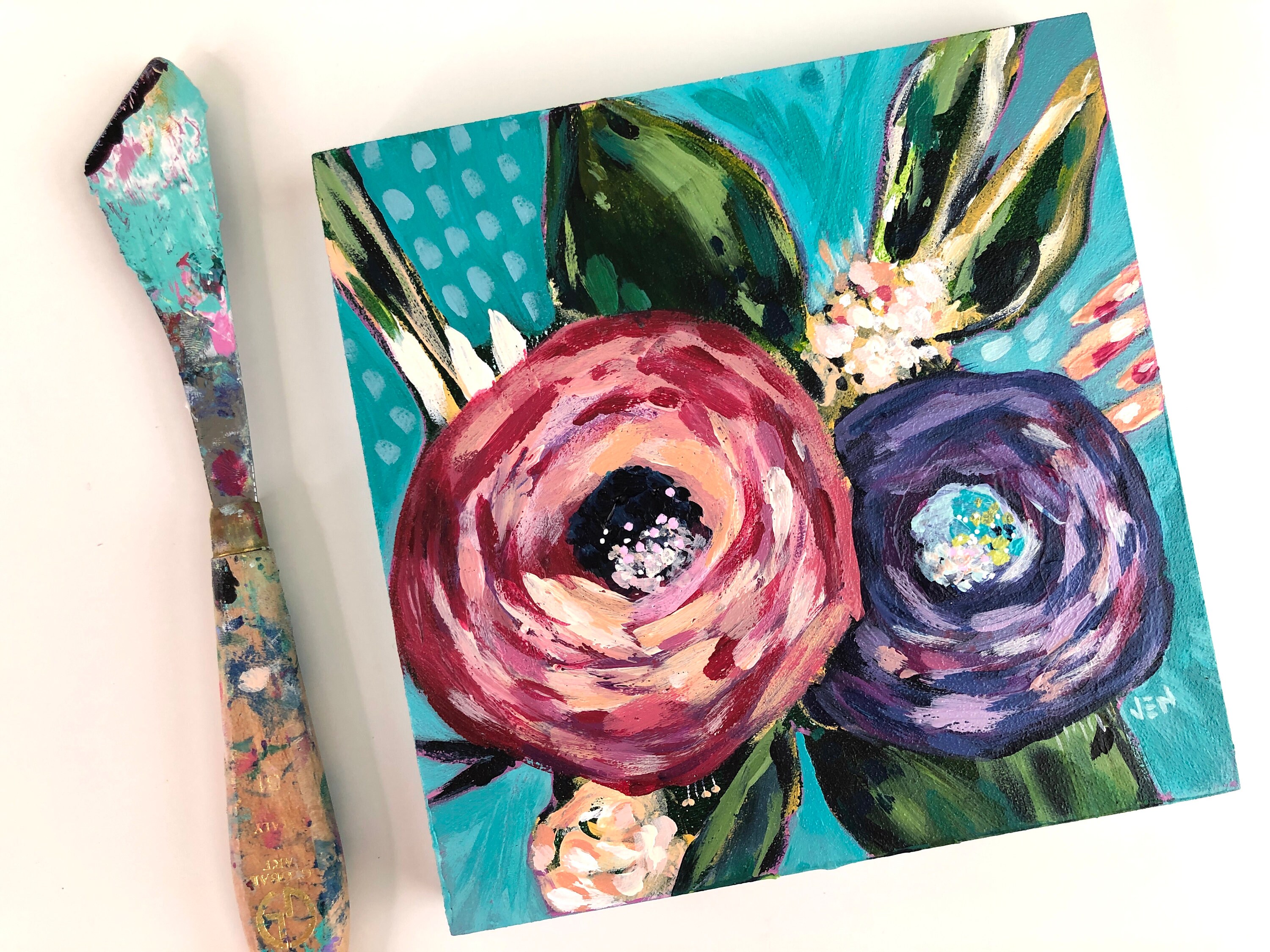 Turquoise original floral painting, acrylic on panel - Etsy.de