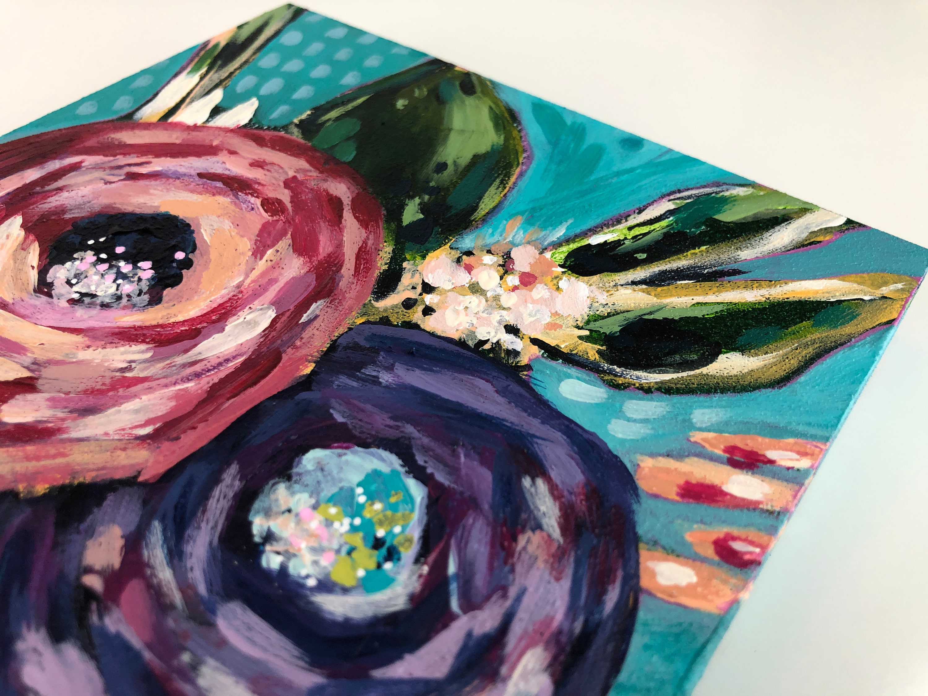 Turquoise original floral painting, acrylic on panel - Etsy.de