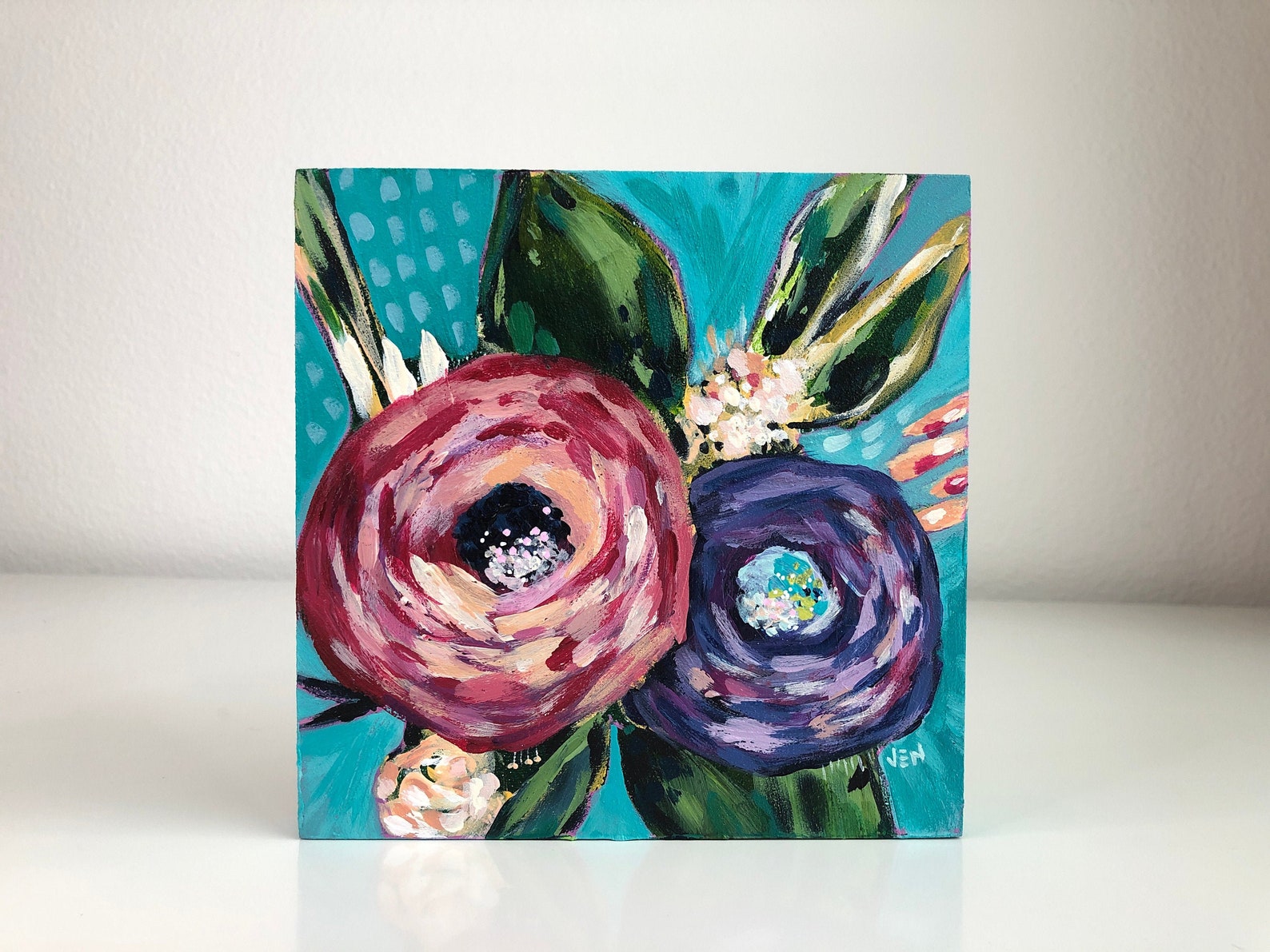 Turquoise original floral painting, acrylic on panel - Etsy.de