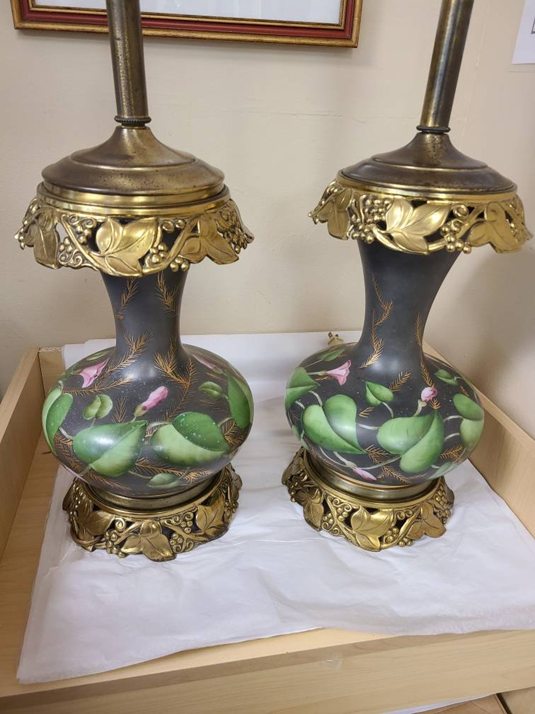 Antique Ceramic Brass Grape Vine Lamps - Etsy