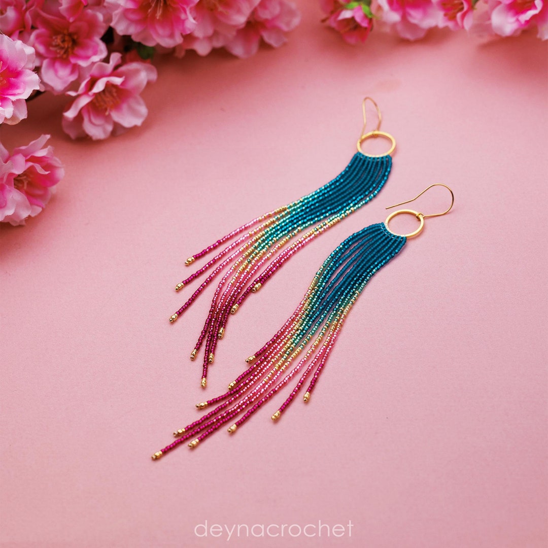Handmade Ombre Beaded Fringe Earrings: Turquoise, Pink & Gold - Etsy