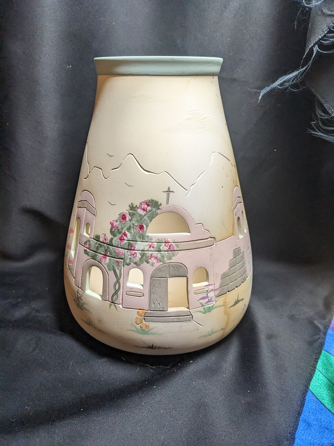 FREE SHIPPING- Vintage Artist Signed Tall White Clay Ceramic Illuminary With Southwestern ...