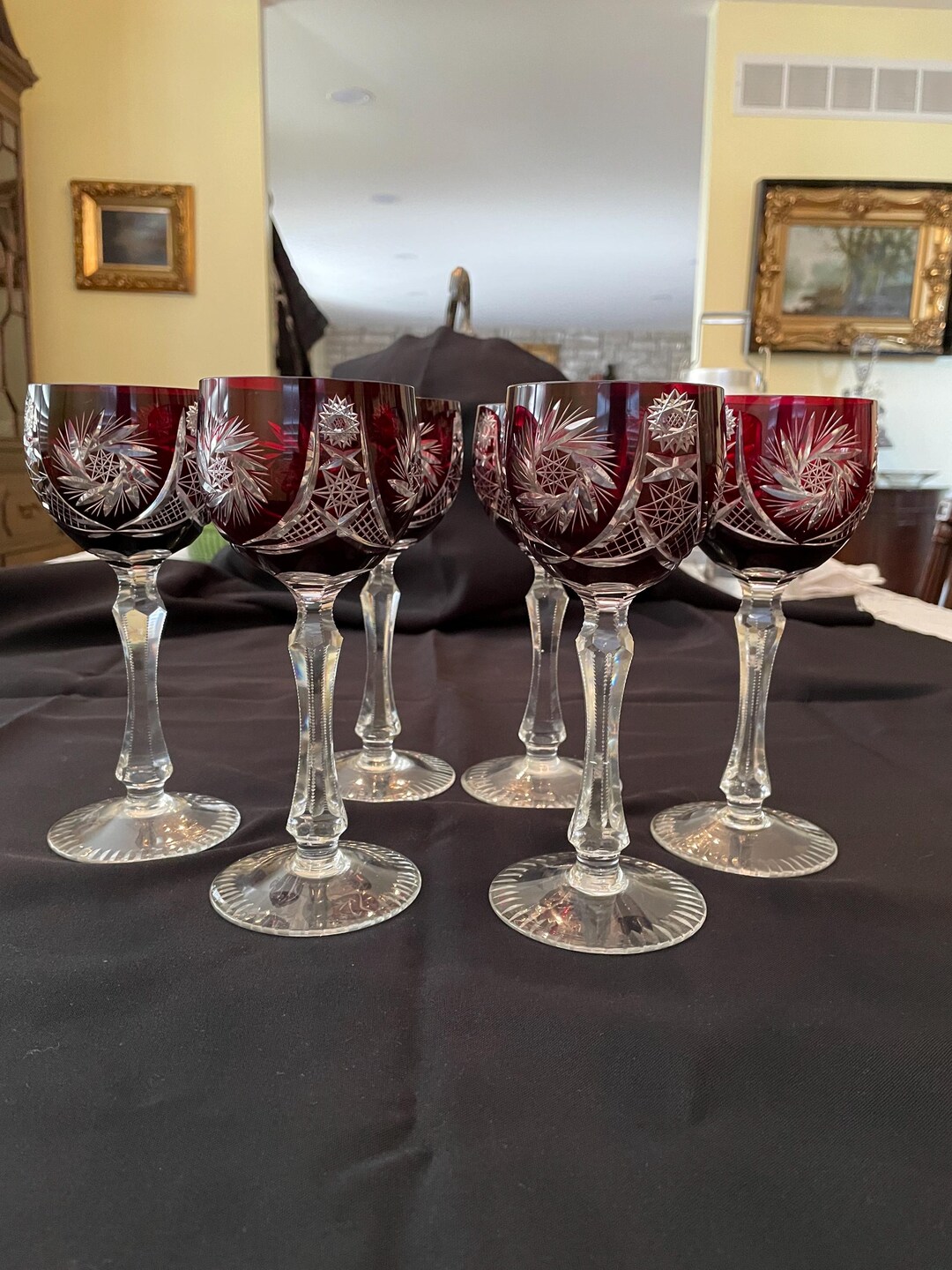 FREE Shipping-set of Six-vintage Cut to Clear- Ruby Red Tall Wine Stems ...