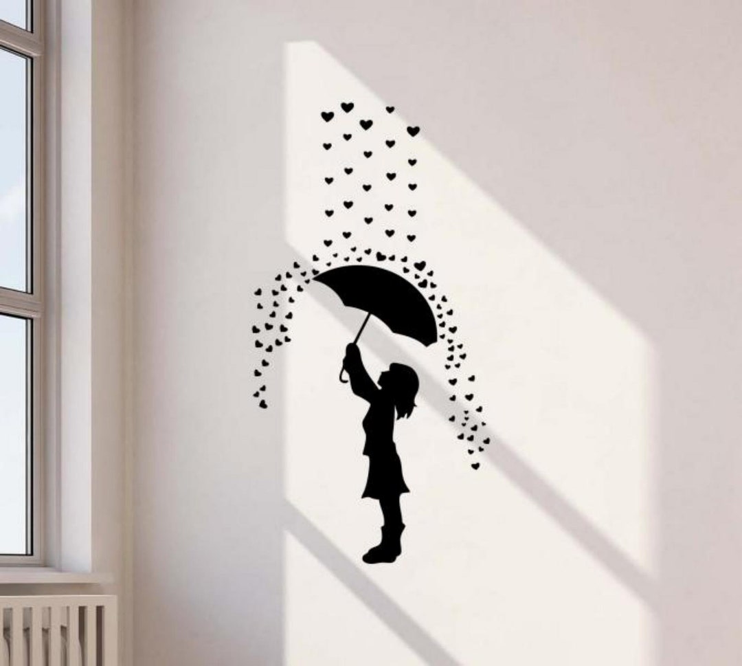 Hearts Rain Umbrella Girl Wall Decal Vinyl Sticker Nursery Decor ...