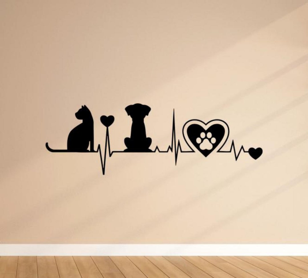 Dog and Cat Heartbeat Decal Wall Vinyl Sticker Paws Decor Heart Wall ...