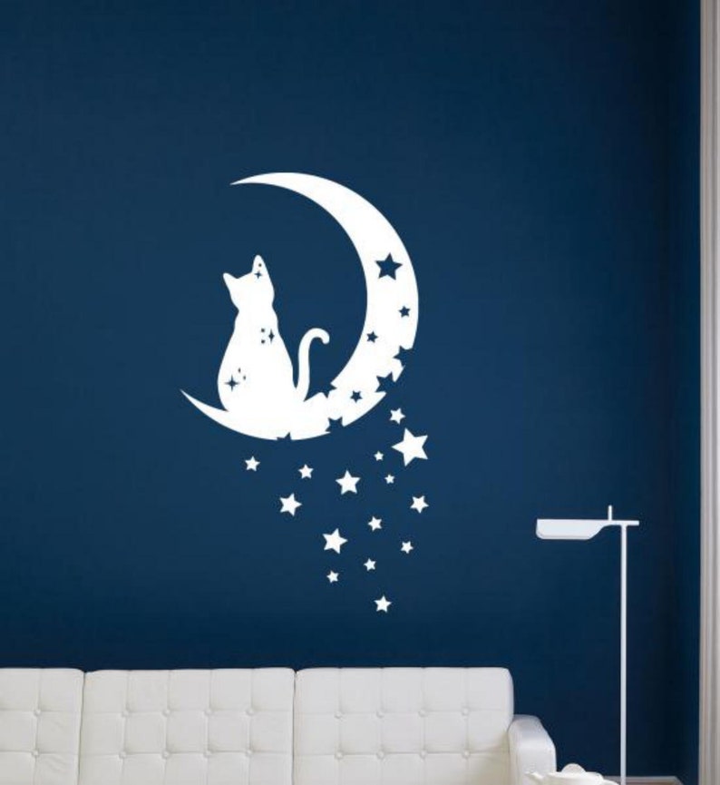 Cat on the Moon Wall Decal Vinyl Sticker Decor Stars Cat and Moon Wall ...