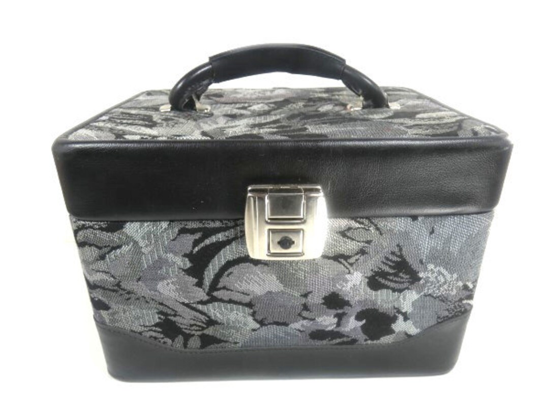 Vintage Black Gray Beauty Case Fabric and Vinyl Jewelry Box Beauty Case ...