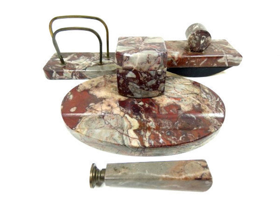 Vintage Red Brown Marble Inkwell Letter Stand Desk Set Writing | Etsy