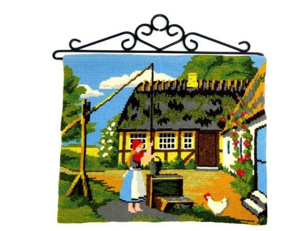 Vintage Swedish Farm Scene Wall Tapestry With Metal Hanger Unique Vivid ...