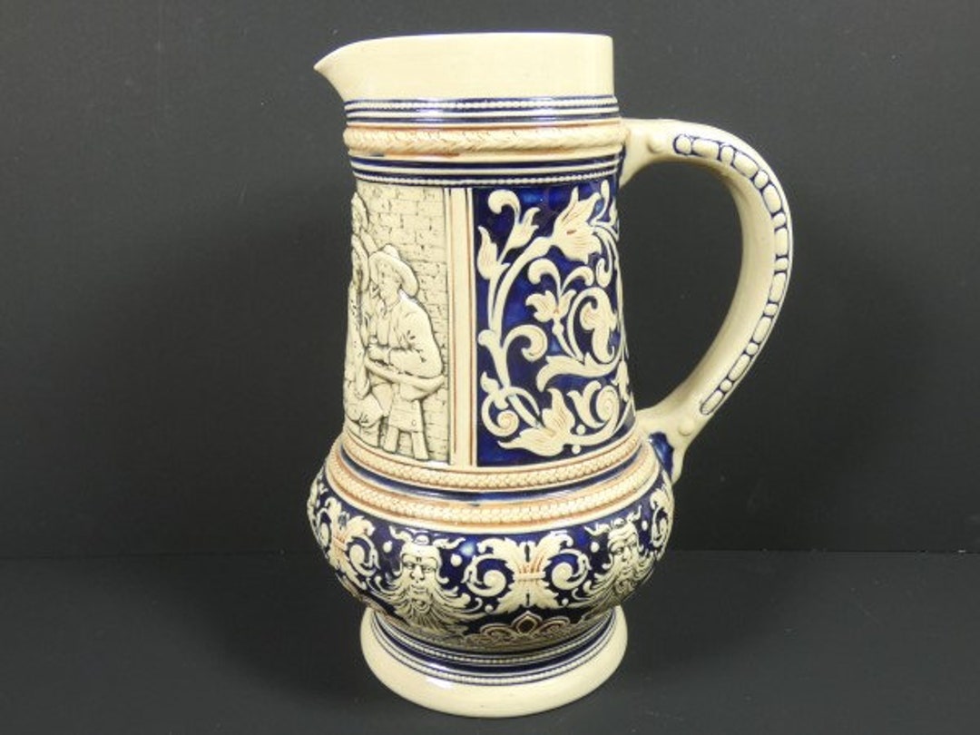 Vintage Big Beer Pitcher Beer Jug Beer Krug Blue Beige Beer Pitcher ...