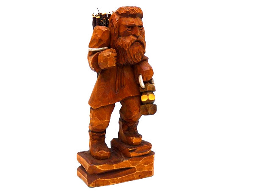 Folk Art Dwarf Wood Carved Man With Branches and A Lamp Wood Carving ...