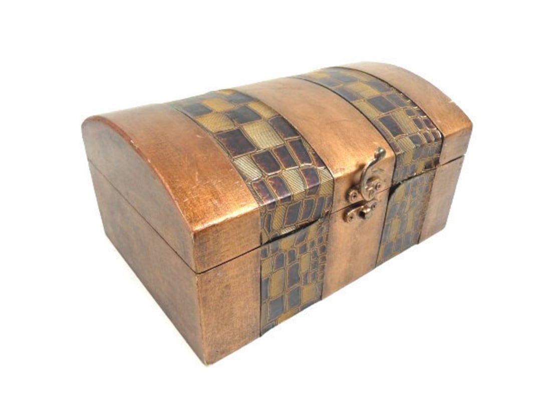 Vintage Wooden Copper Color Treasure Chest Storage Case Jewelry Box ...