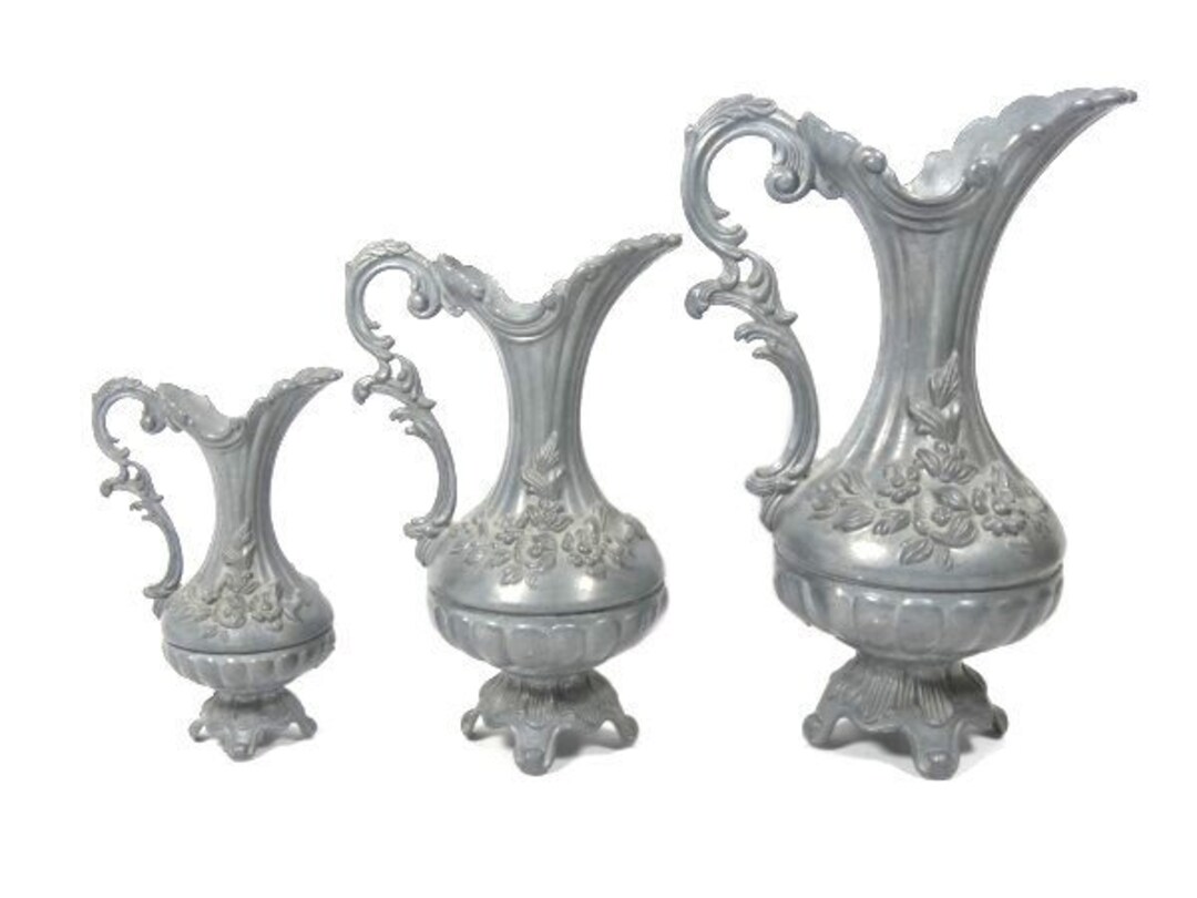 Vintage Pewter Tin Leaves and Flowers Pitcher Set Serving Jug Set of 3 ...
