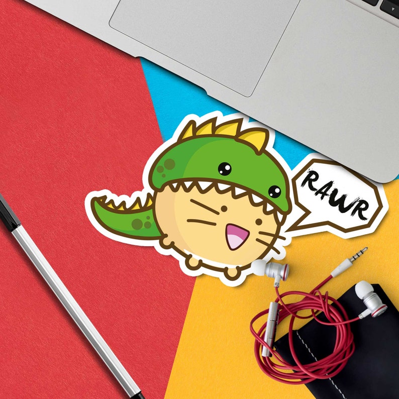 Dino Cat Rawr Die Cut Vinyl Sticker, Decal, Cute Stickers, Kawaii ...