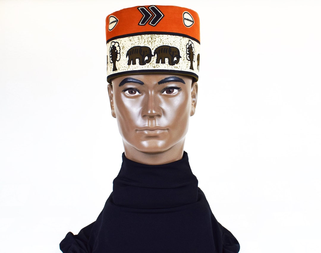 Tangerine and Olive Green Elephant Crown, Ankara Kufi Hat, African Wax ...