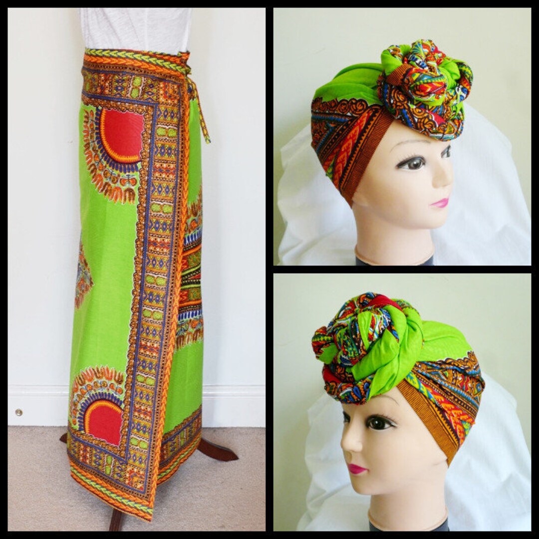 Lime Green Angelina Dashiki Print Wrappa/lapa and Head Wrap, African ...