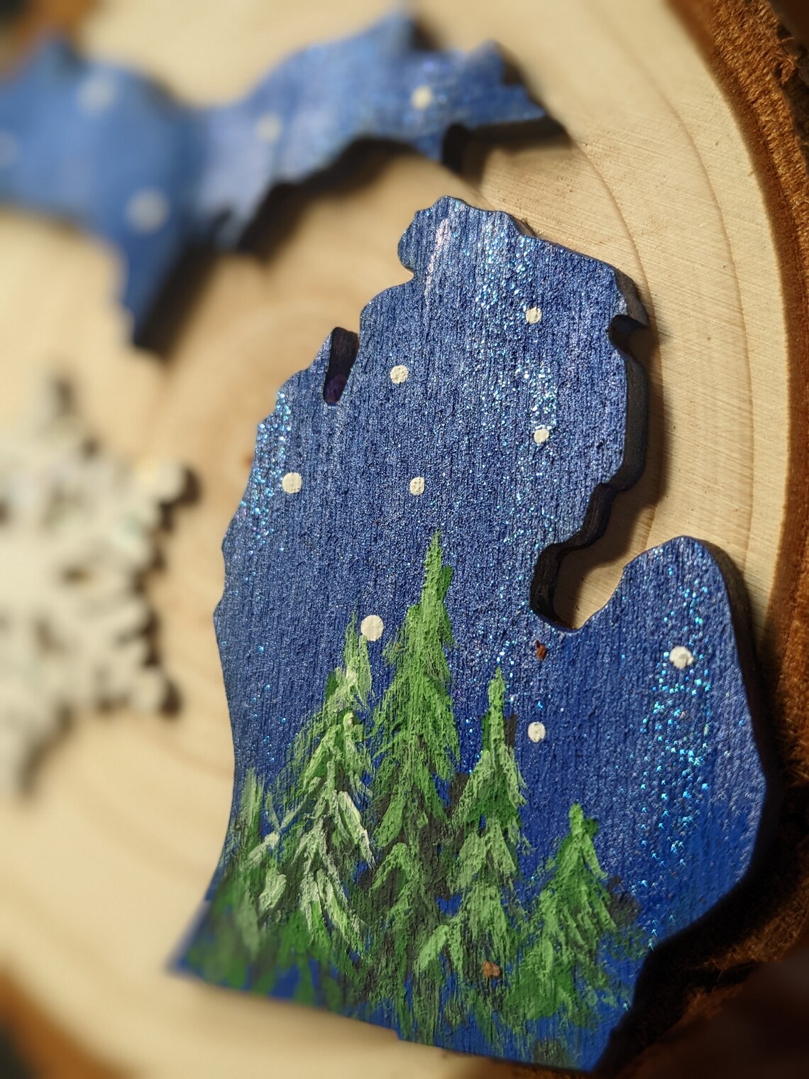 Hand Painted Michigan Northern Lights Wood Ornament Original With ...