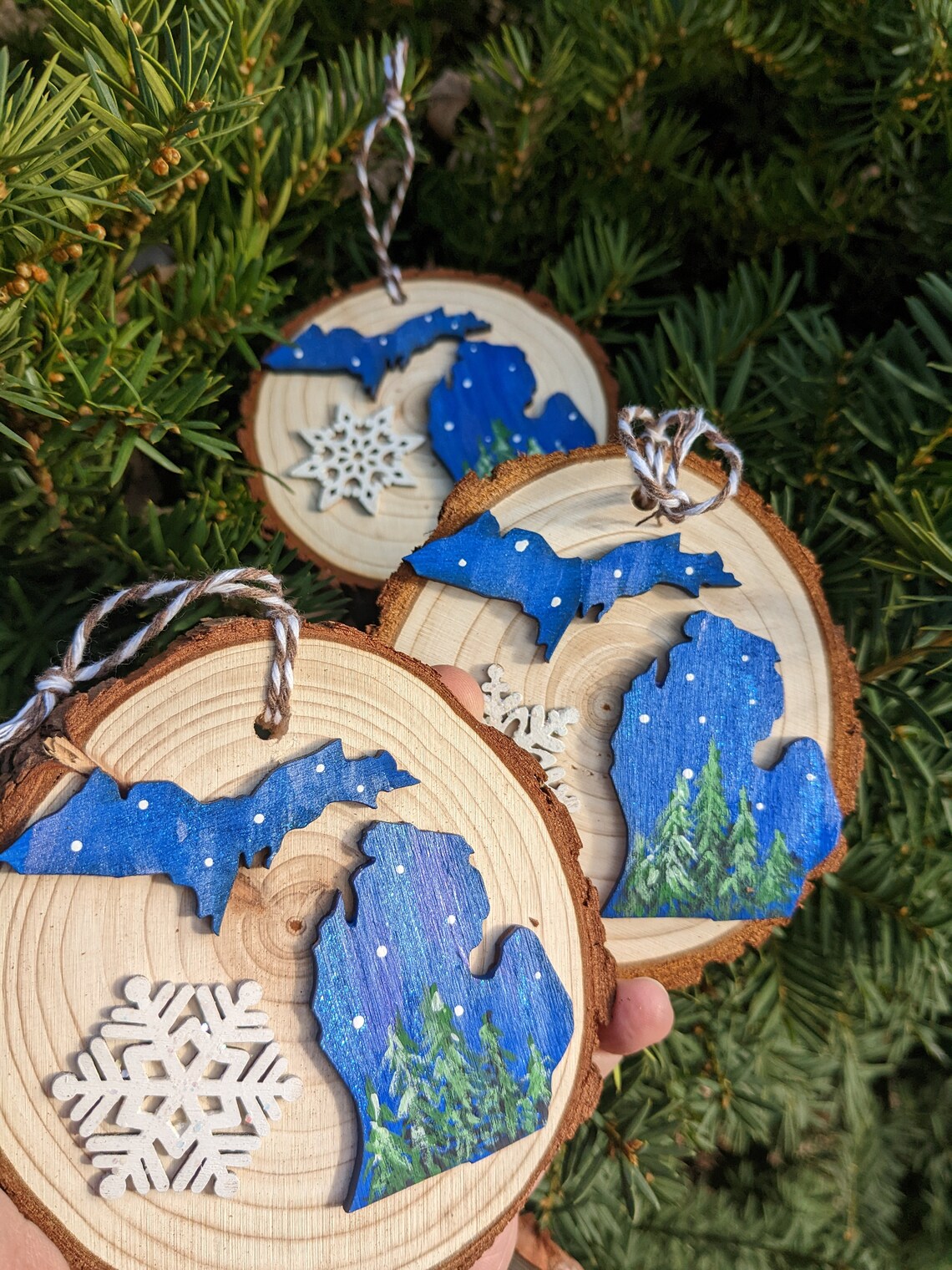 Hand Painted Michigan Northern Lights Wood Ornament Original With ...