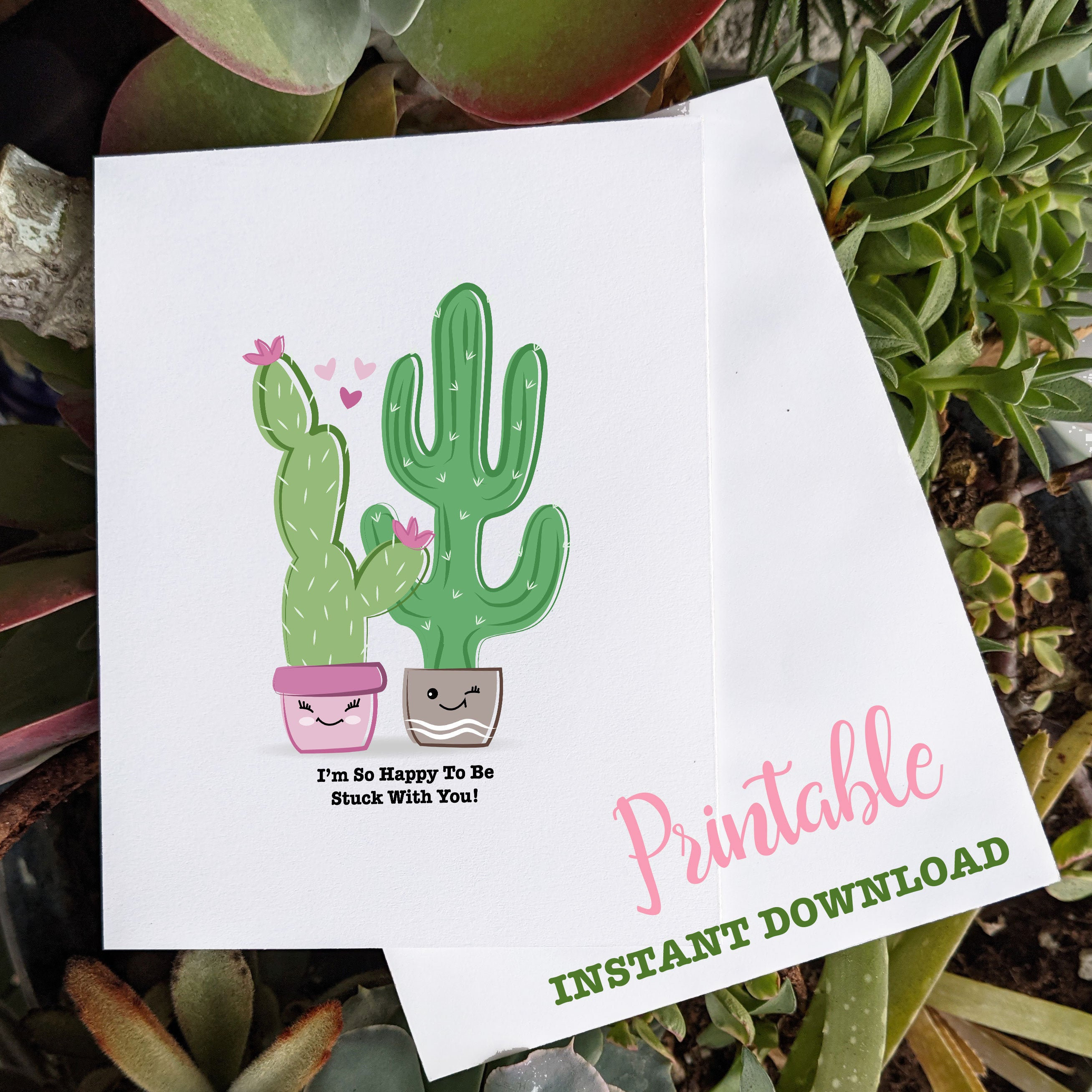Happy to Be Stuck With You Cactus Lovers Valentines Card - Instant ...