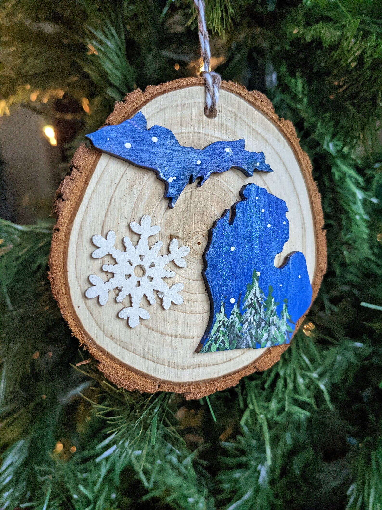 Hand Painted Michigan Northern Lights Wood Ornament Original With ...