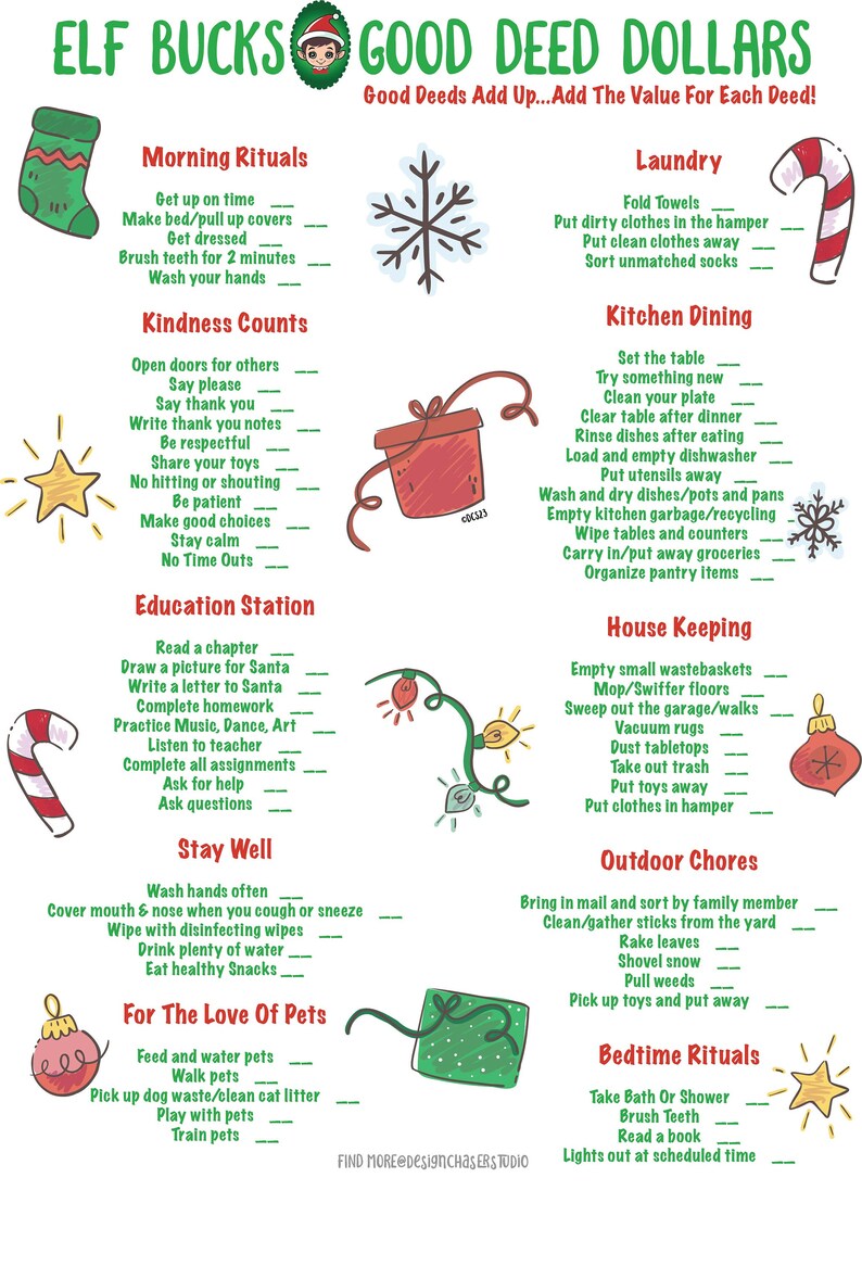 Christmas Elf Chore List & Reward Instant Download Earn Elf Bucks ...