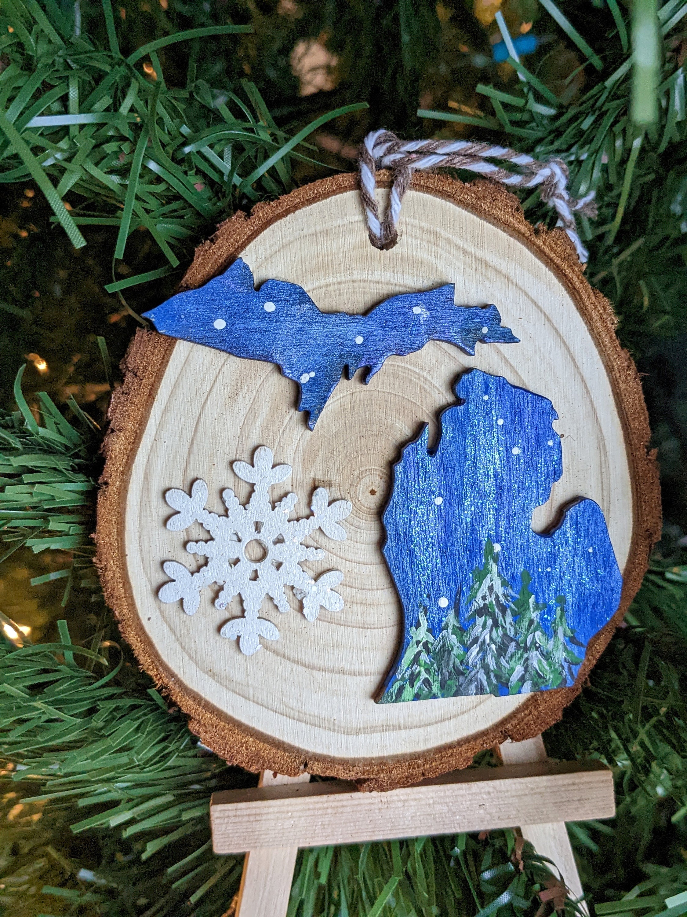 Hand Painted Michigan Northern Lights Wood Ornament Original With ...