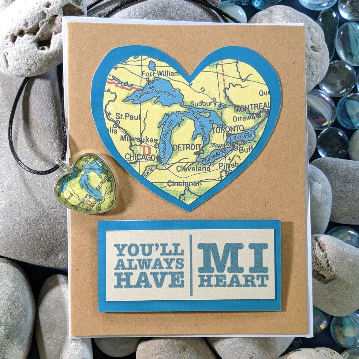Michigan Card Featuring Great Lakes Map Heart Pendant for Lake Lovers ...